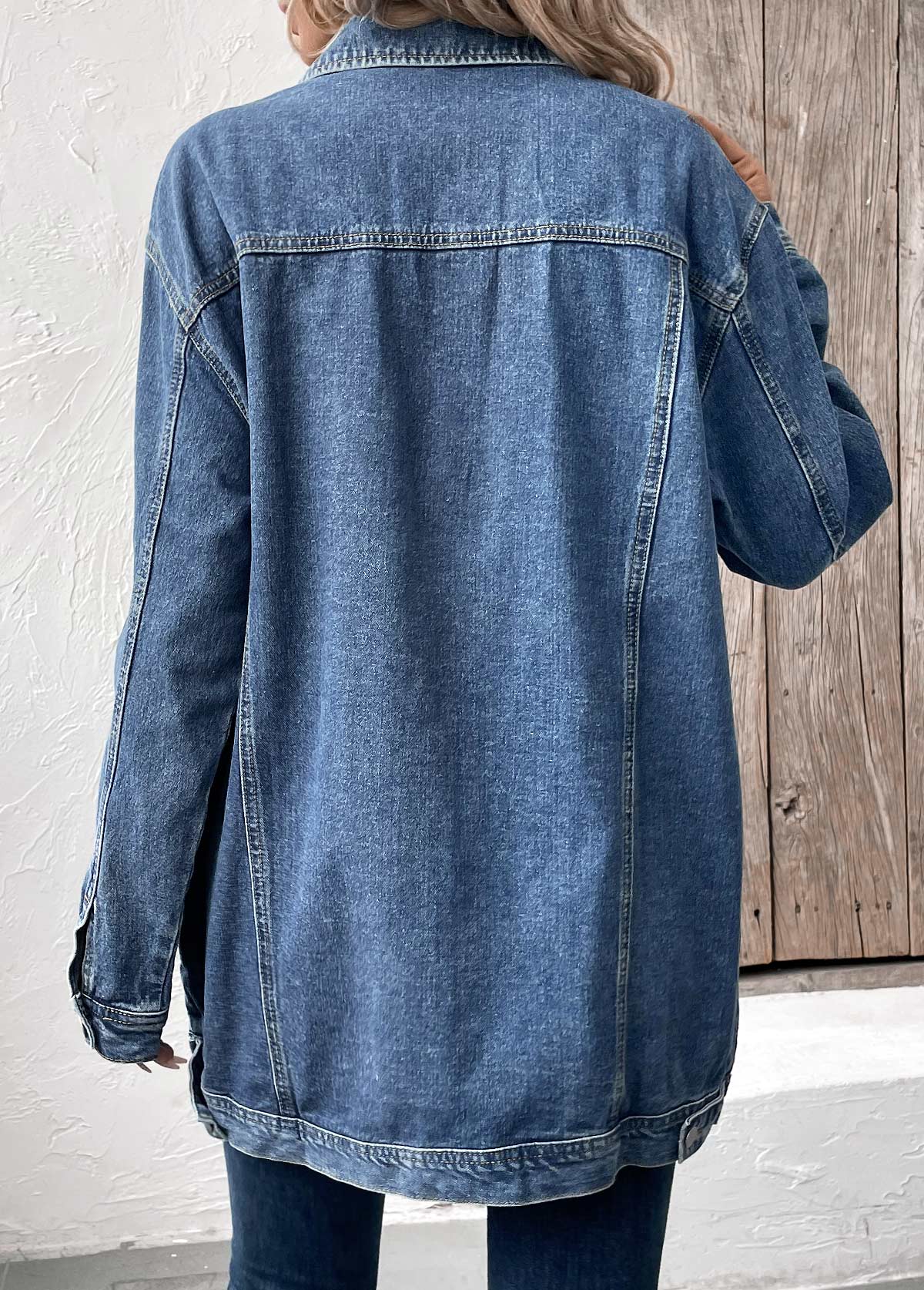 Button Denim Blue Long Sleeve Shirt Collar Coat | Rosewe.com - USD $48.98