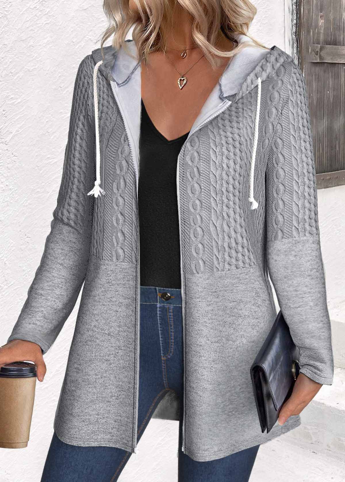 Patchwork Grey Long Sleeve Hooded Coat | Rosewe.com - USD $39.98