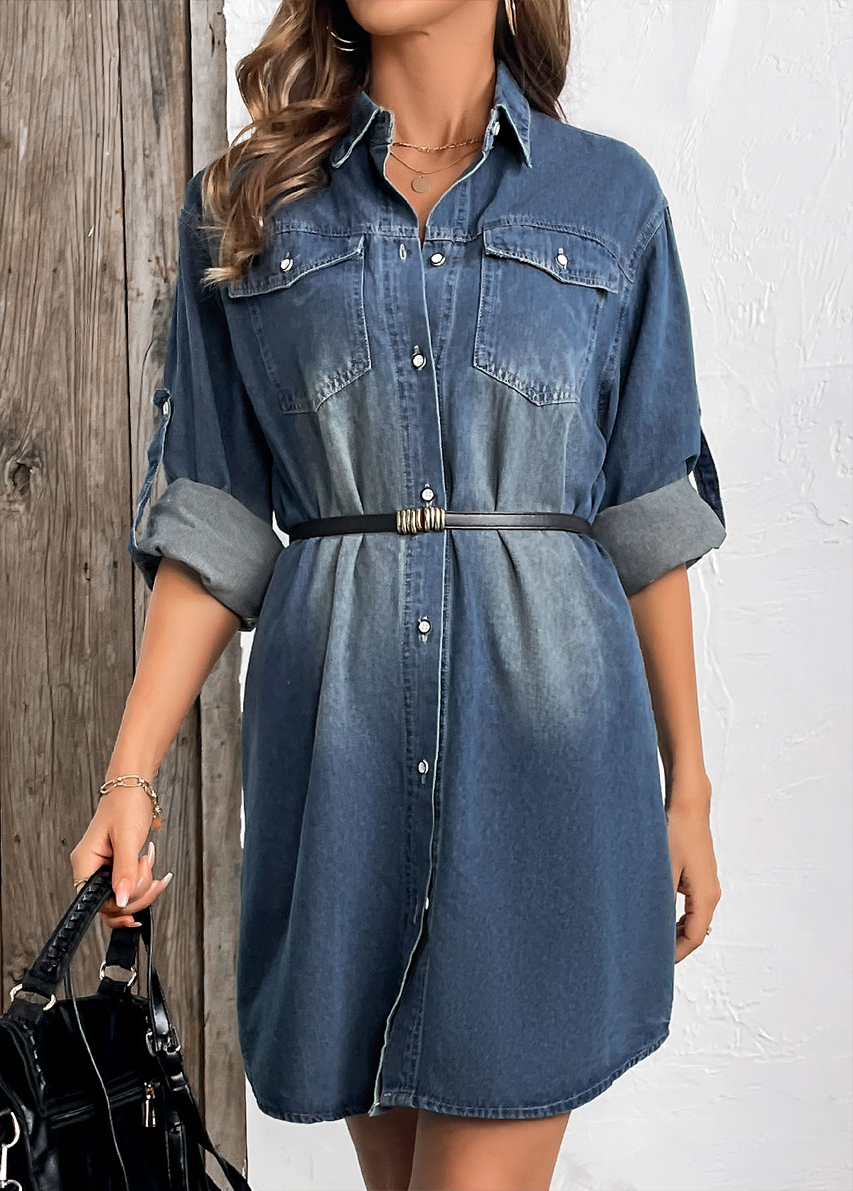 Button Denim Blue High Low Strappy Shirt Collar Dress | Rosewe.com ...