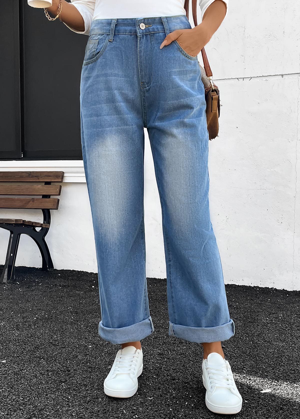 Denim Button Fly High Waisted Blue Jeans | Rosewe.com - USD $29.98