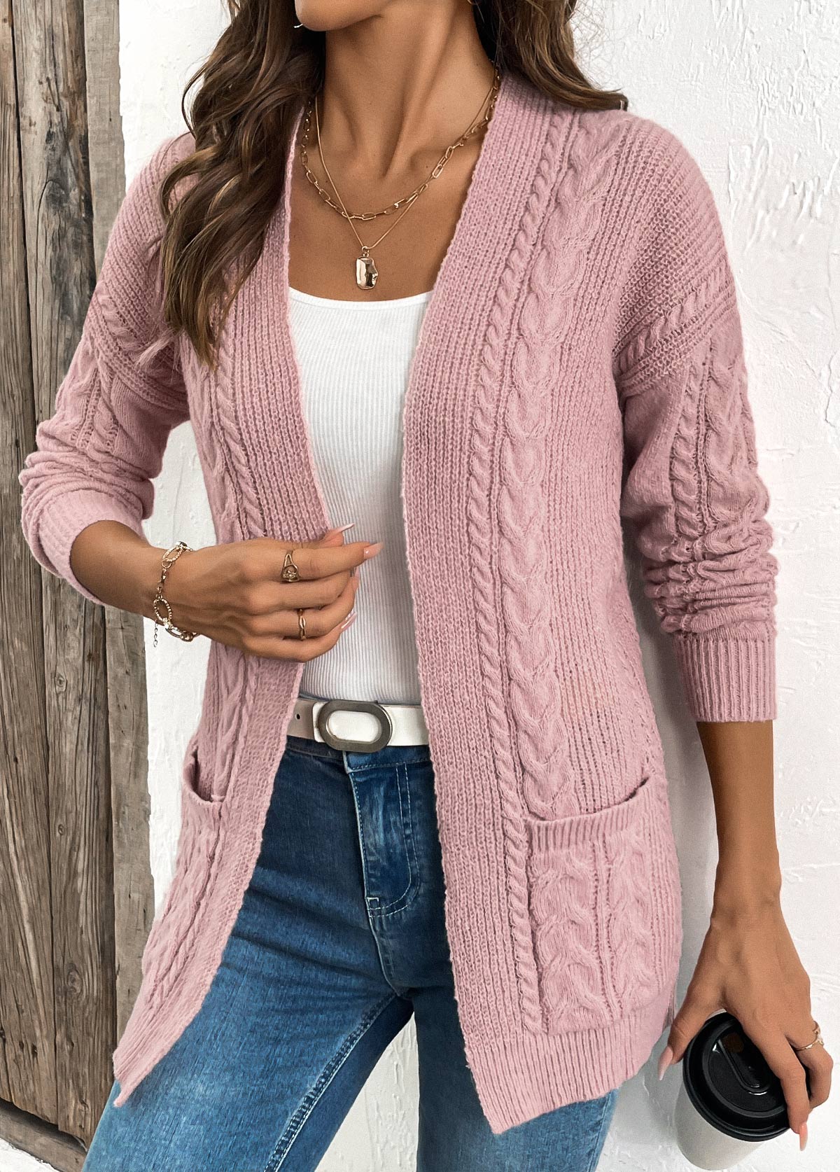 Long Sleeve Patchwork Light Pink Cardigan | Rosewe.com - USD $38.98