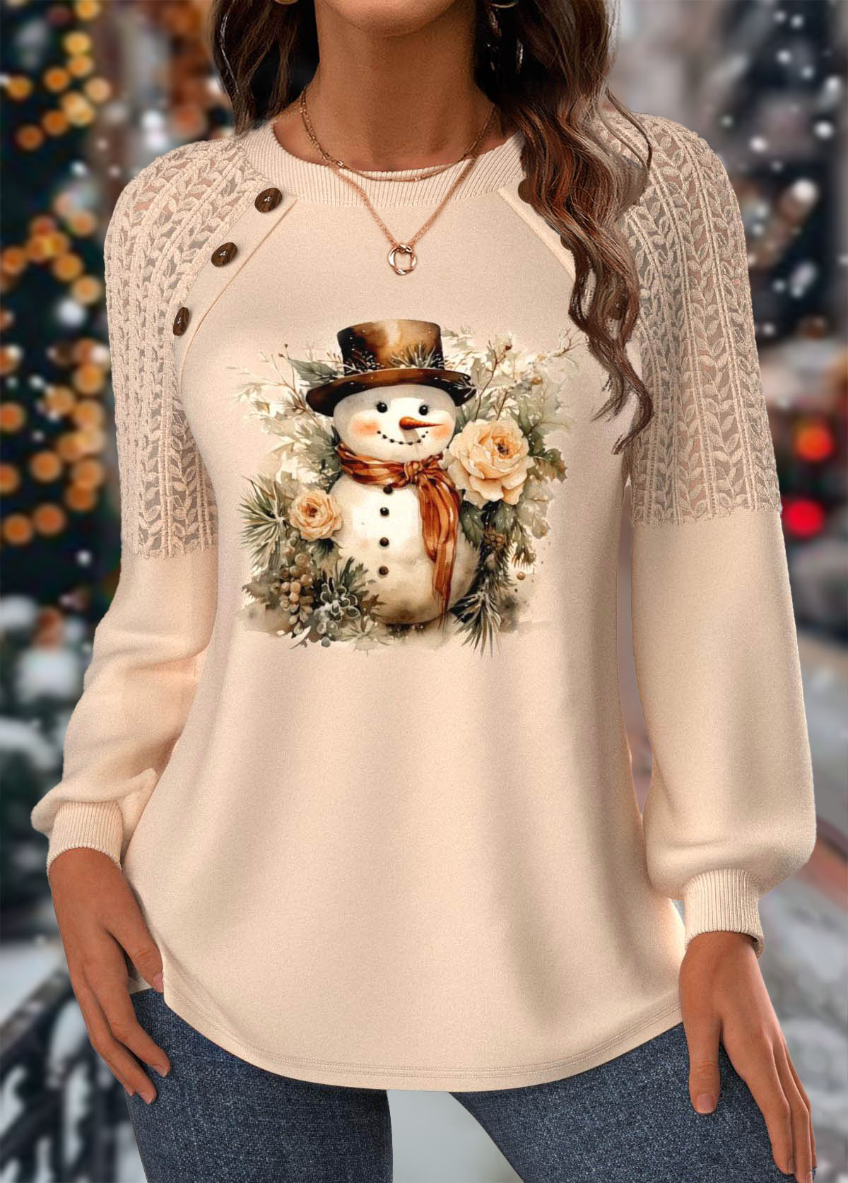 Christmas Plus Size Skin Color Lace Long Sleeve Sweatshirt | Rosewe.com ...