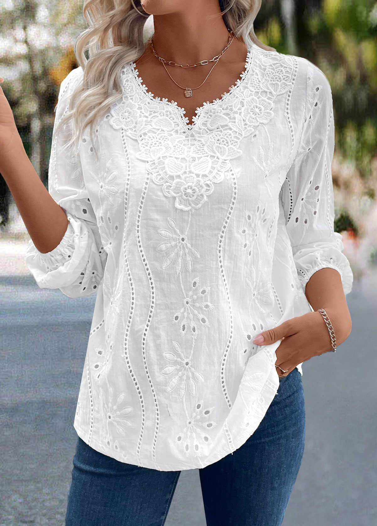 Long Sleeve Split Detail White Blouse | Rosewe.com - USD $41.98