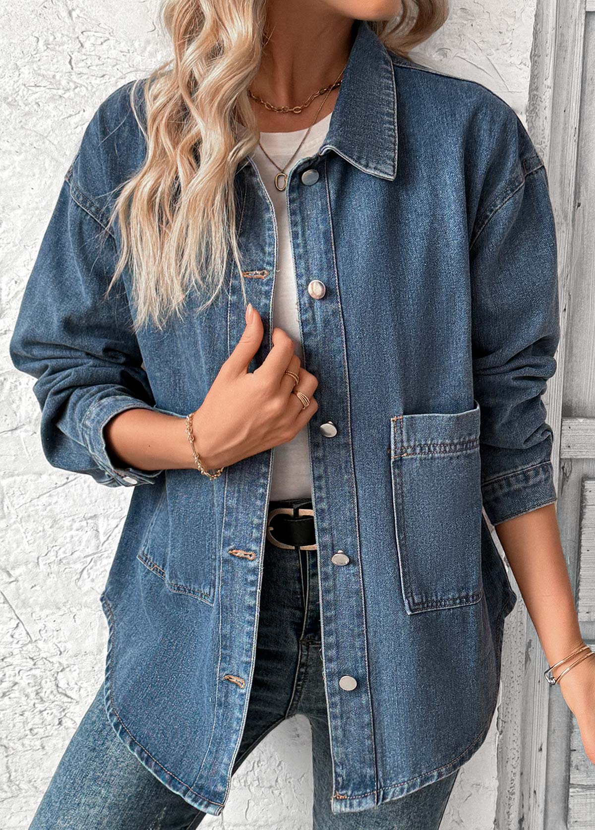 Button Denim Blue Long Sleeve Turn Down Collar Jacket | Rosewe.com ...