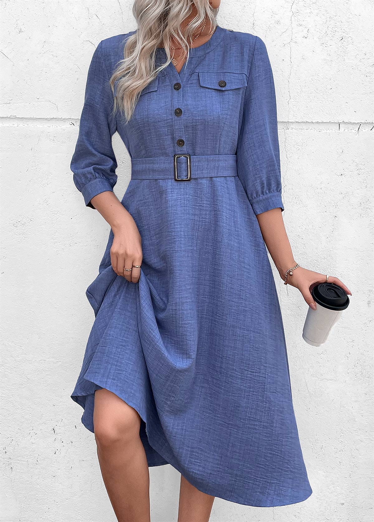 Zipper Belted Denim Blue A Line 3/4 Sleeve Dress | Rosewe.com - USD $38.68