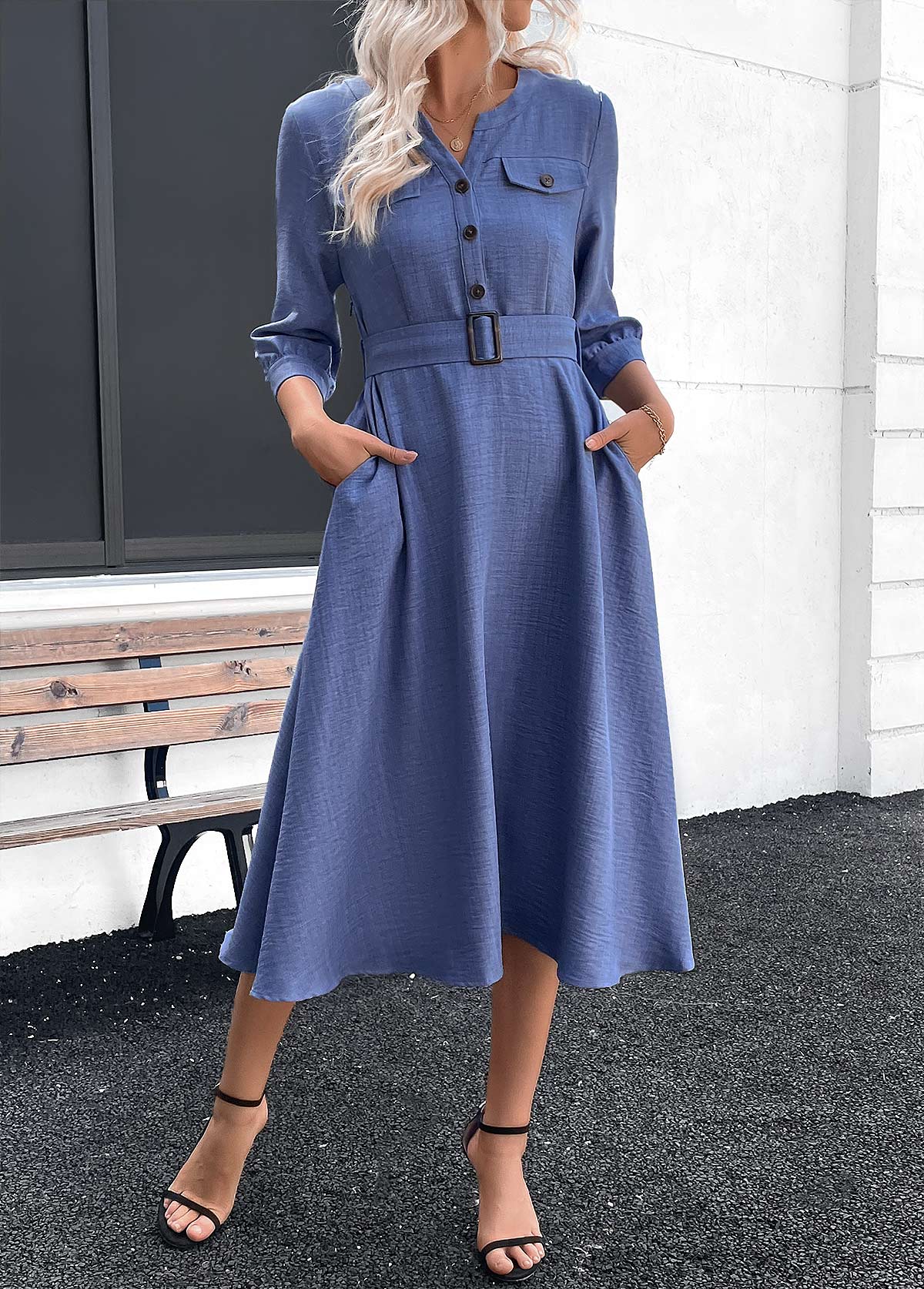 Zipper Belted Denim Blue A Line 3/4 Sleeve Dress | Rosewe.com - USD $38.68