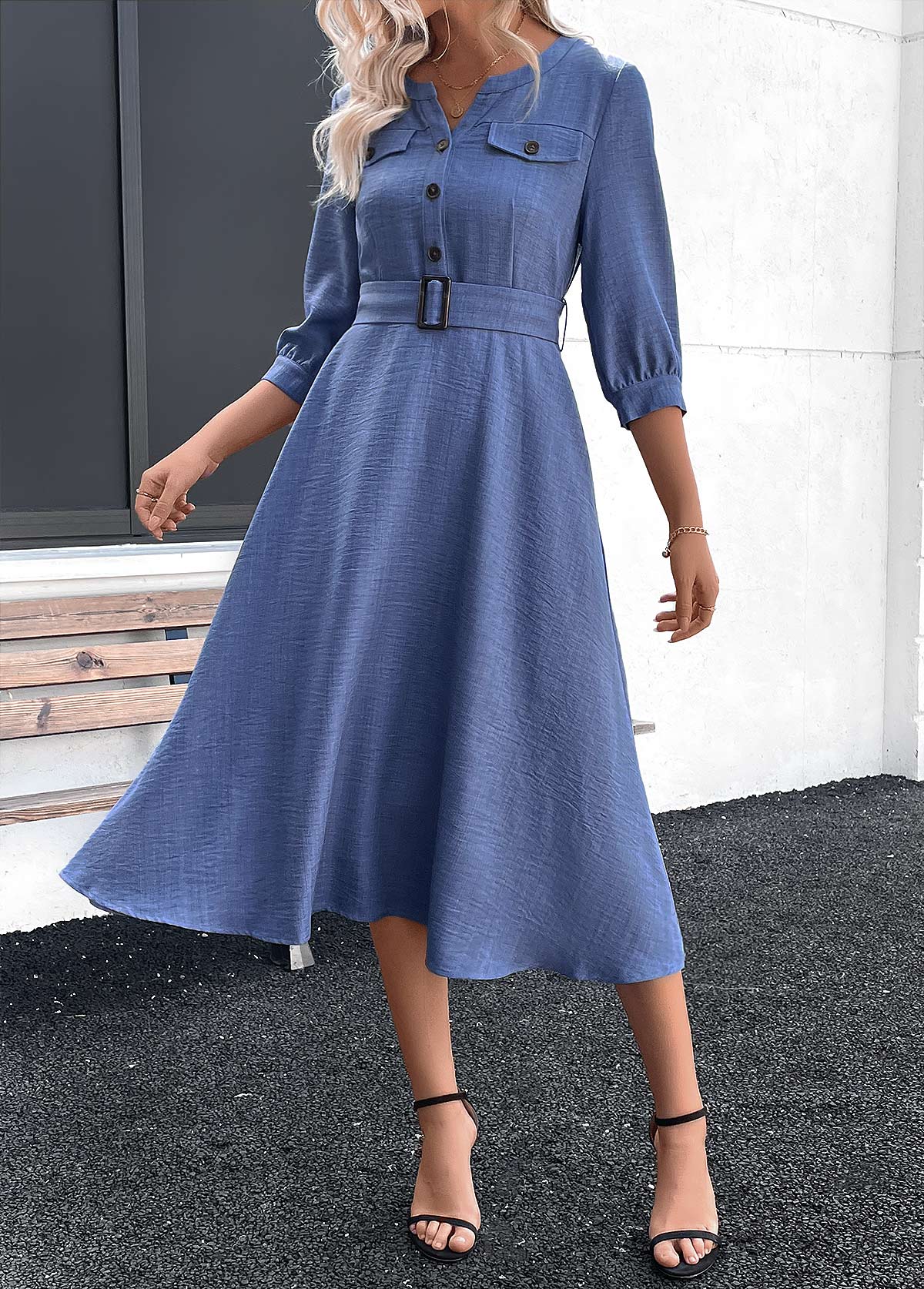 Zipper Belted Denim Blue A Line 3/4 Sleeve Dress | Rosewe.com - USD $38.68