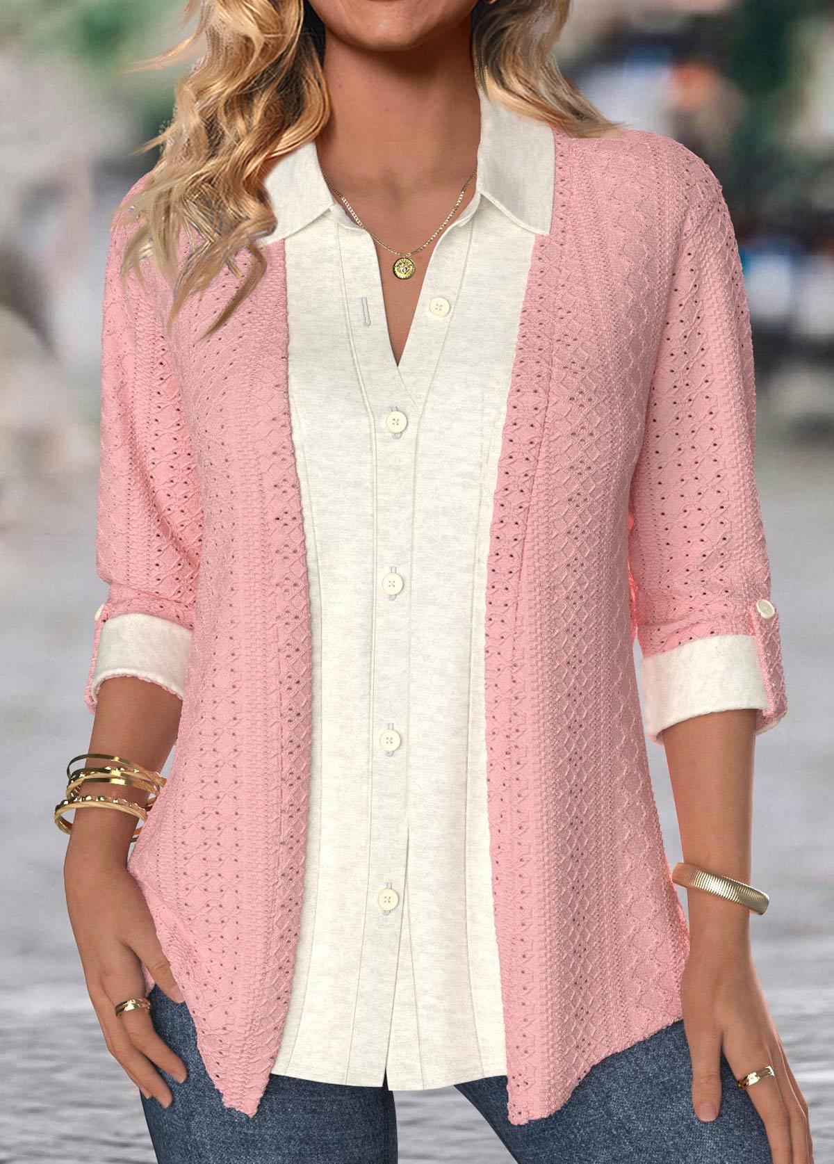 Button Light Pink 3/4 Sleeve Fake Two Piece Twinset | Rosewe.com - USD ...