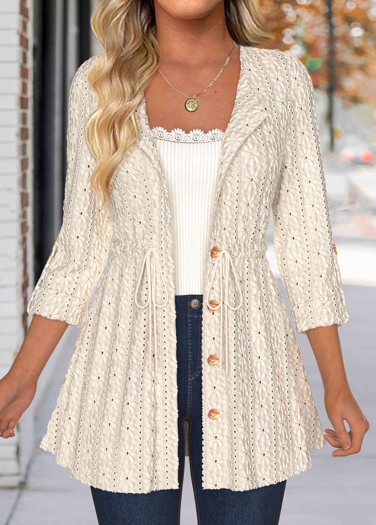 Lace Beige 3/4 Sleeve Round Neck Coat | Rosewe.com - USD $42.98
