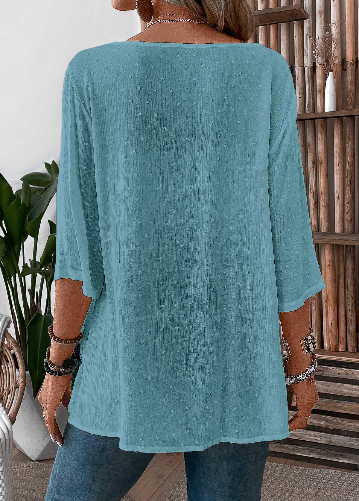 Patchwork Mint Green 3/4 Sleeve V Neck Blouse | Rosewe.com - USD $36.98