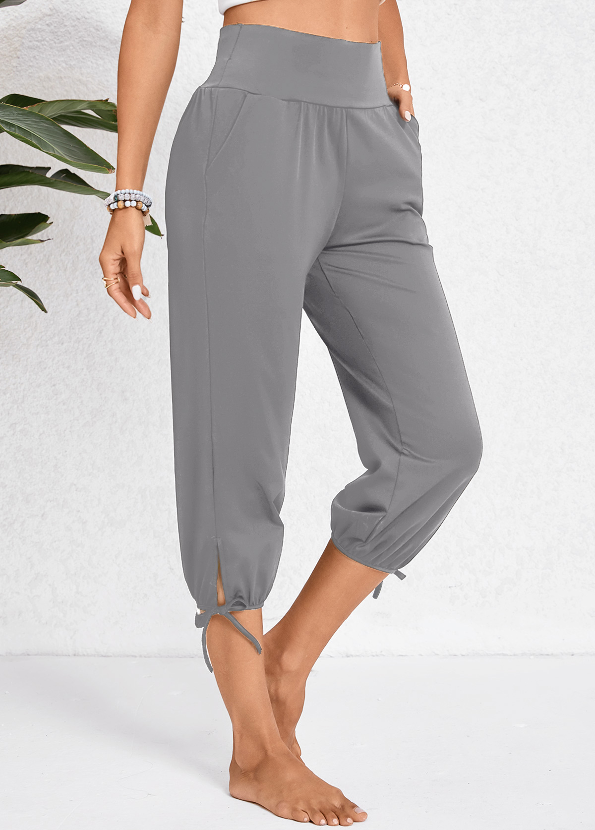 Pocket Dark Grey Jogger Elastic Waist High Waisted Pants | Rosewe.com ...