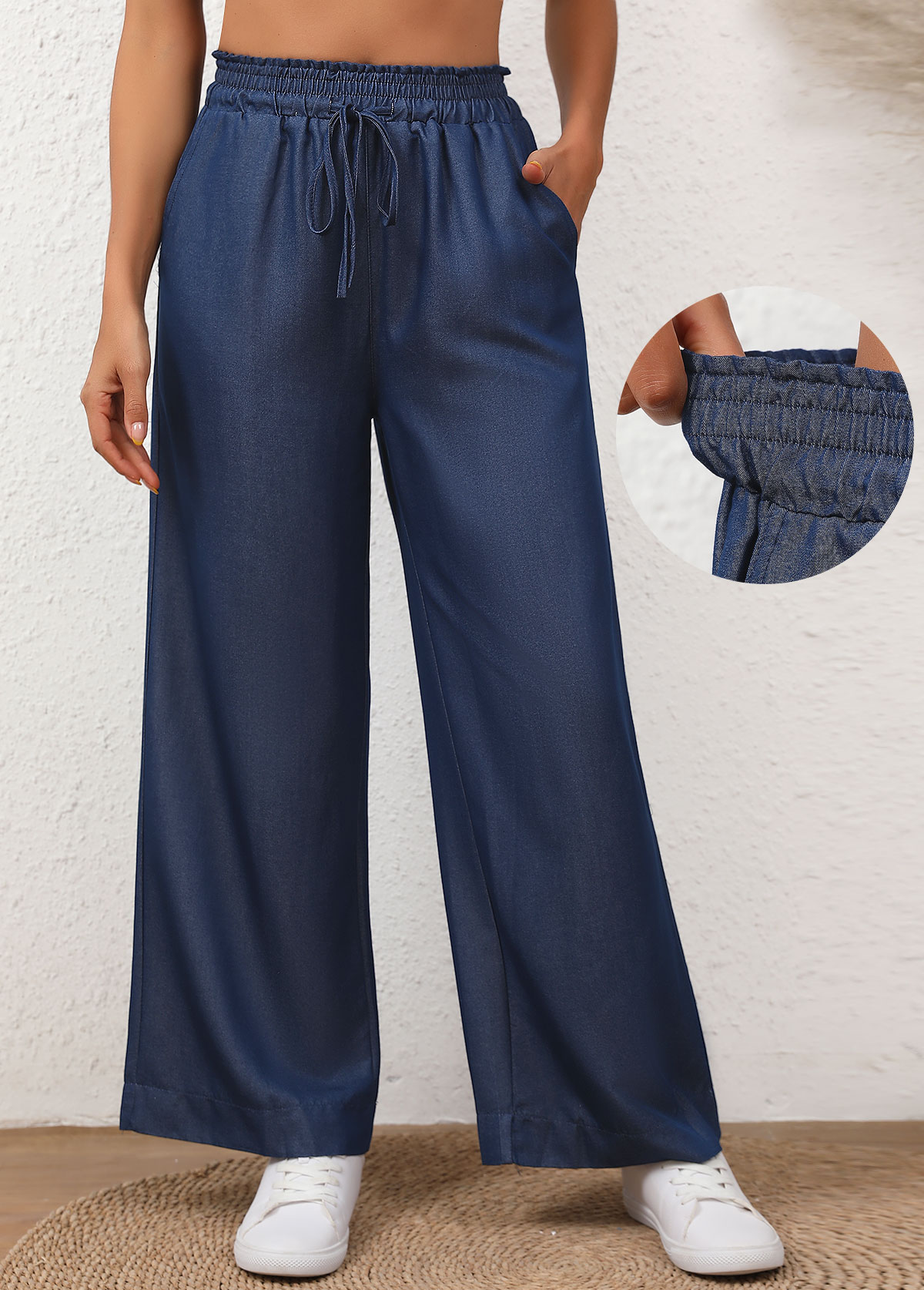 Denim Blue Elastic Waist Drawstring High Waisted Jeans | Rosewe.com ...