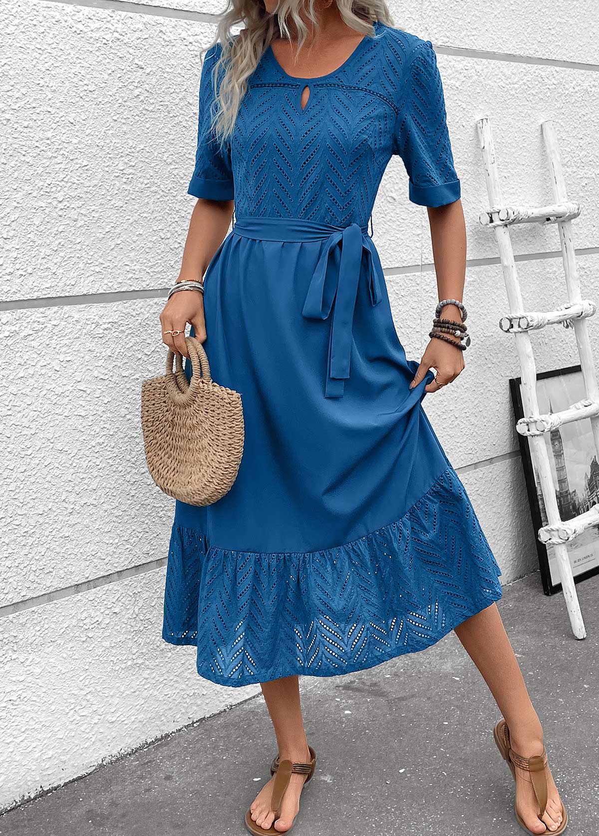Embroidery Belted Dusty Blue A Line Short Sleeve Dress | Rosewe.com - USD $45.98