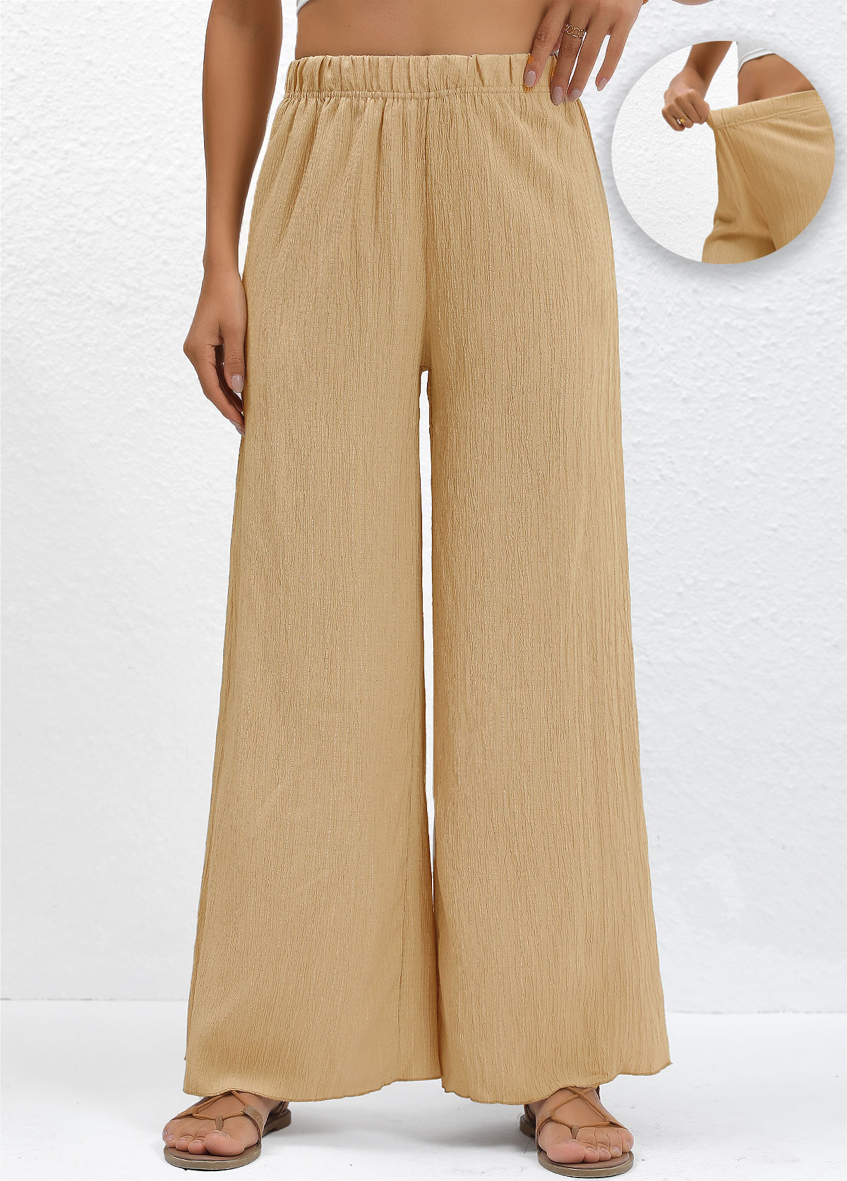 Wide Leg Light Camel Elastic Waist High Waisted Pants | Rosewe.com ...