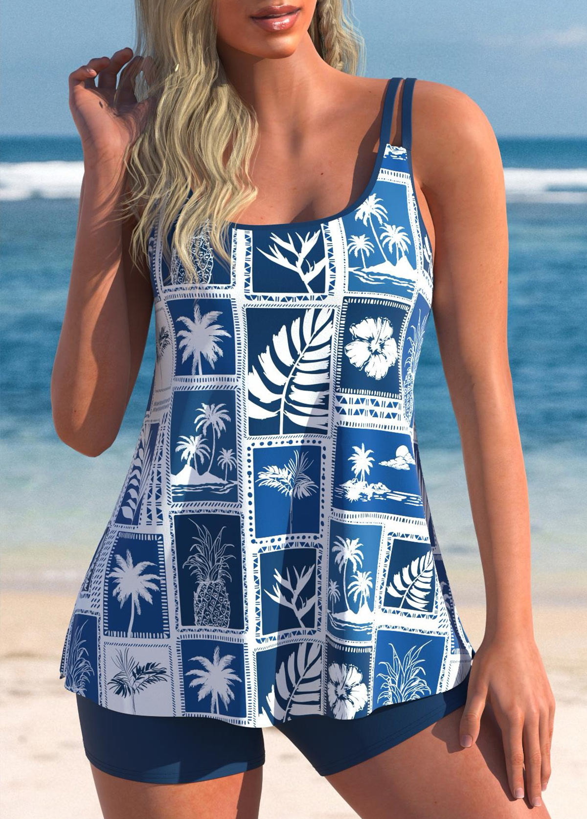 Floral Print Breathable Navy Tankini Set | Rosewe.com - USD $36.98