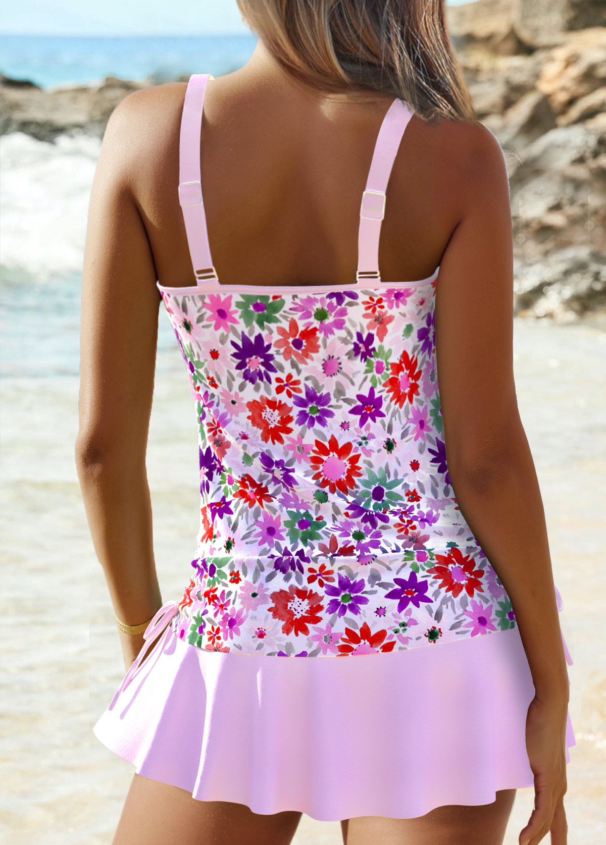 Floral Print Ruched Light Pink Tankini Set | Rosewe.com - USD $38.98