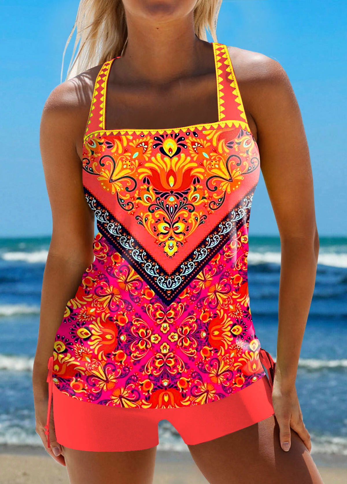 Mid Waisted Tribal Print Peach Red Tankini Set | Rosewe.com - USD $41.98