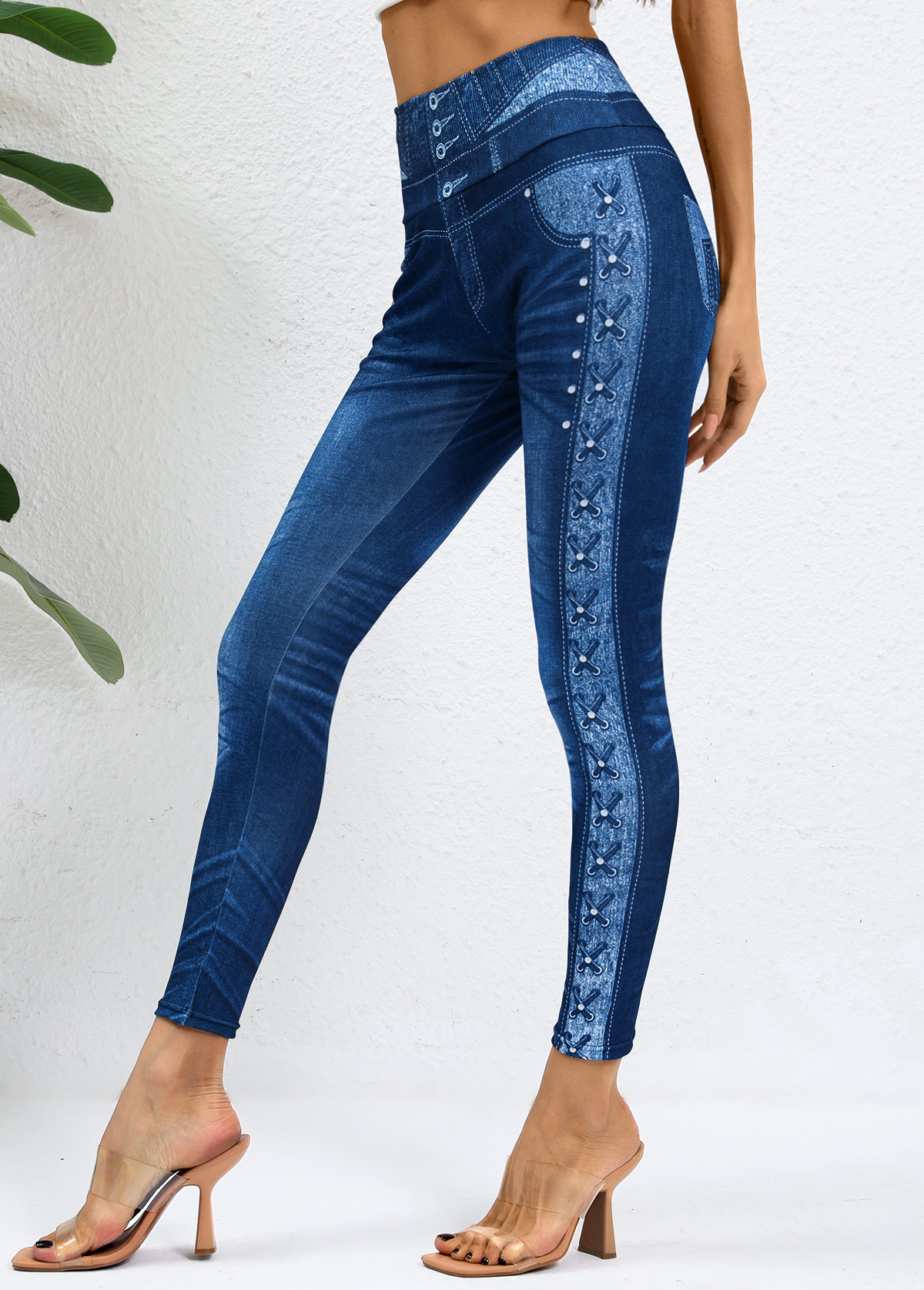 Denim-effect Print Denim Blue Elastic Waist High Waisted Leggings ...