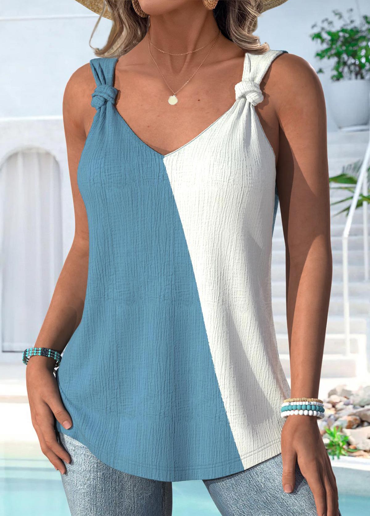 Patchwork Yellow Sleeveless V Neck Tank Top | Rosewe.com - USD $29.98