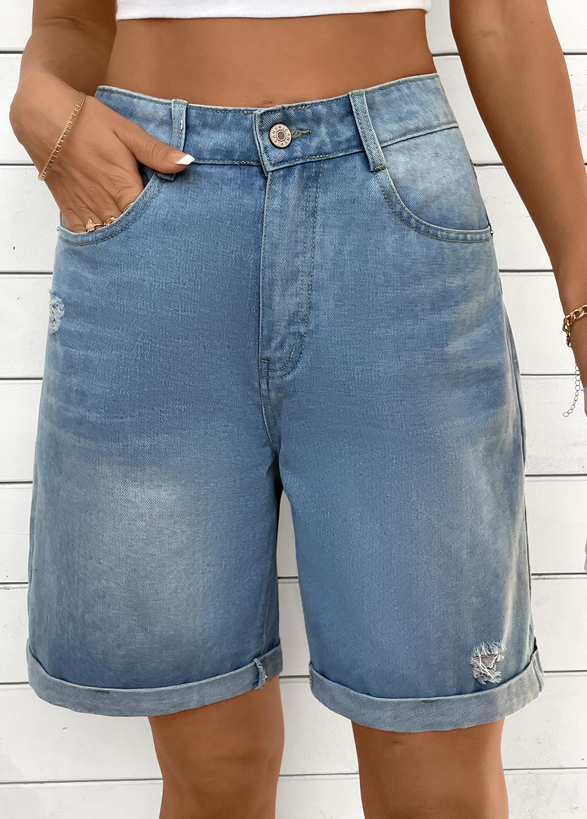 Denim Blue Straight Leg Button Shorts | Rosewe.com - USD $34.98