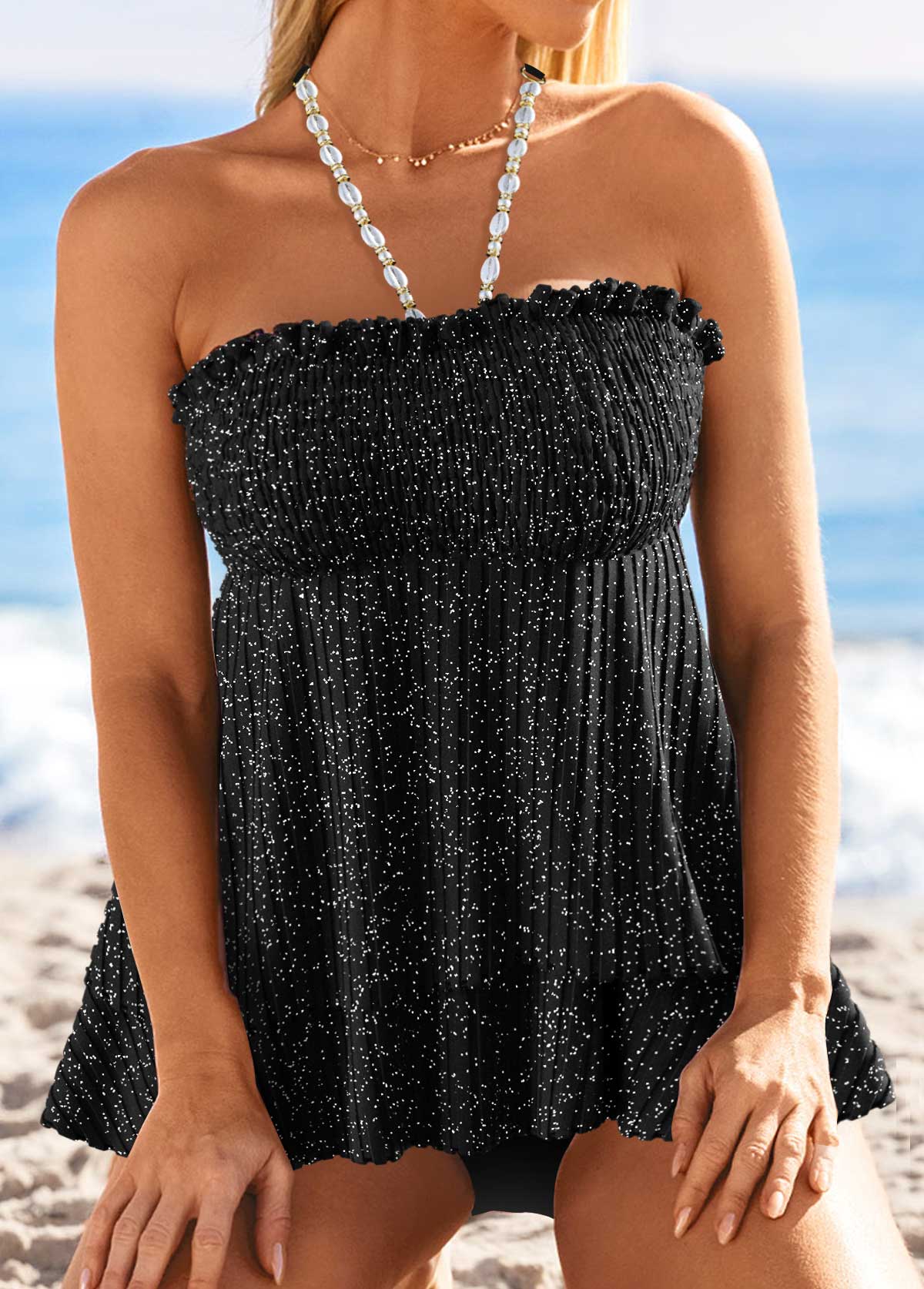 Mid Waisted Smocked Black Tankini Set | Rosewe.com - USD $40.98