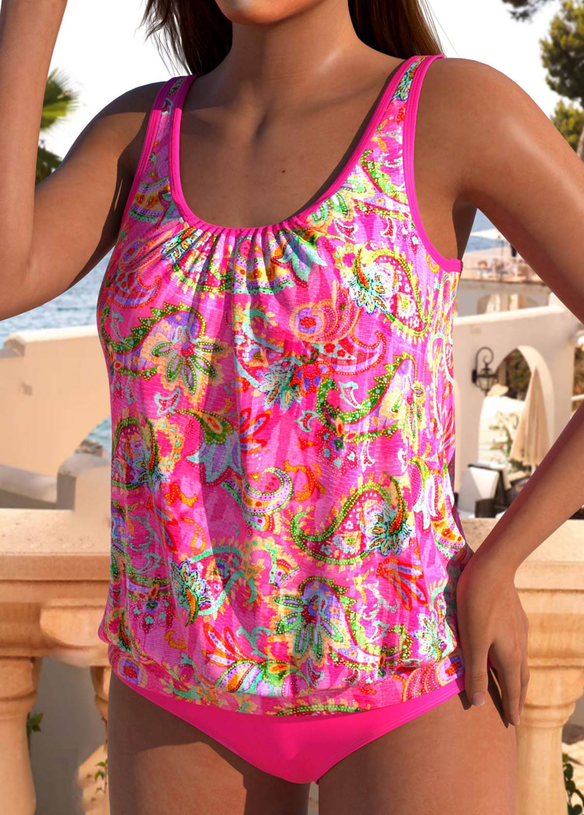 Mid Waisted Paisley Print Hot Pink Tankini Set | Rosewe.com - USD $36.98