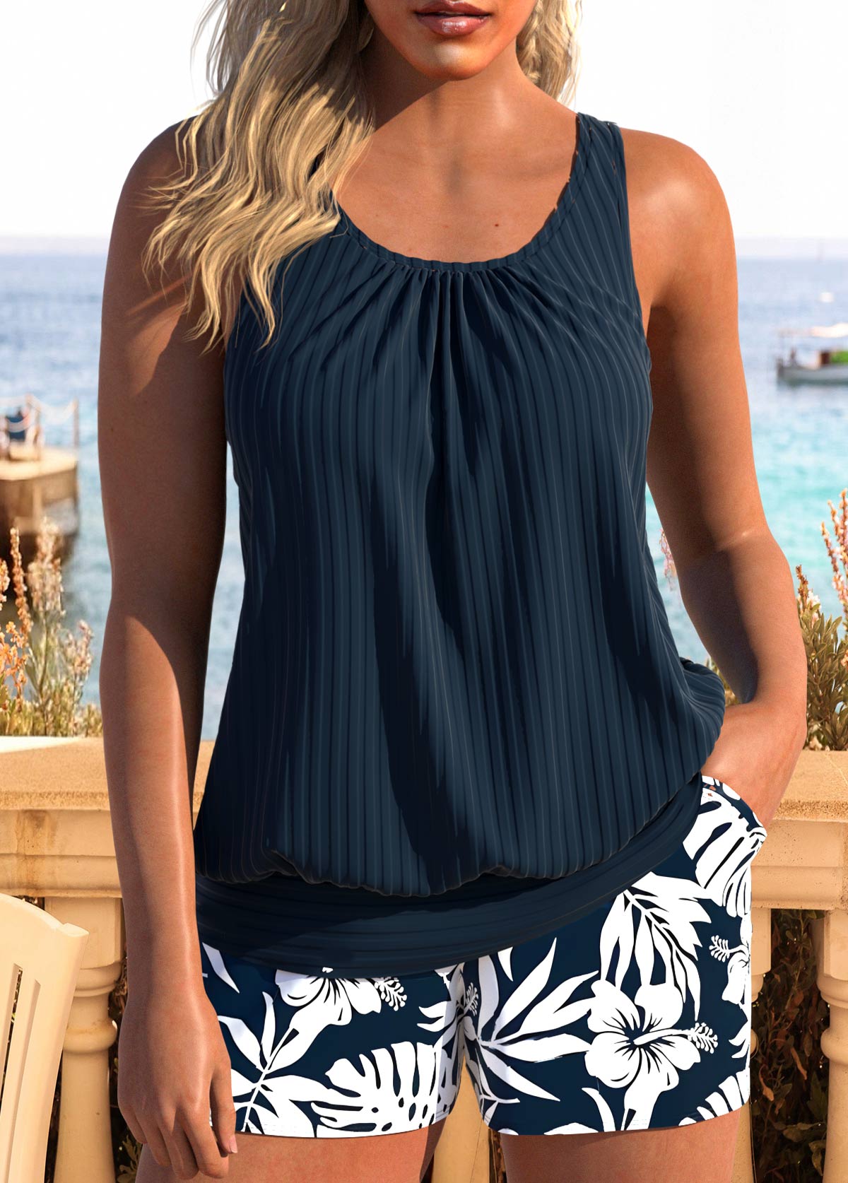 Sunflower Print Mid Waisted Navy Tankini Set | Rosewe.com - USD $39.98