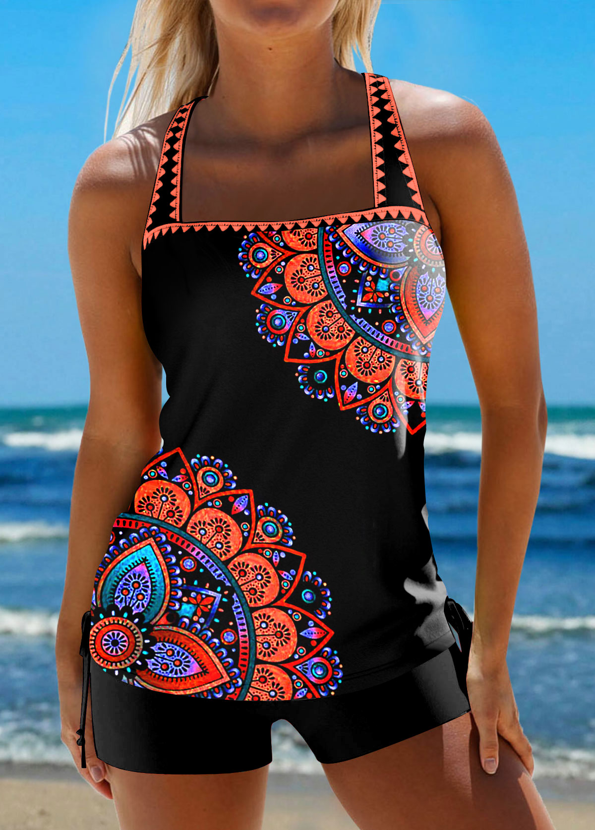 Plus Size Mid Waisted Black Tribal Print Tankini Set | Rosewe.com - USD ...