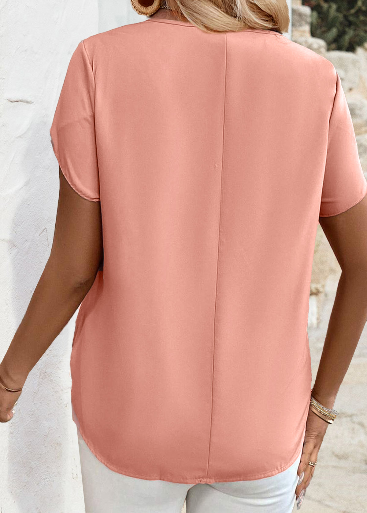 Short Sleeve V Neck Pink Tunic Blouse | Rosewe.com - USD $28.98