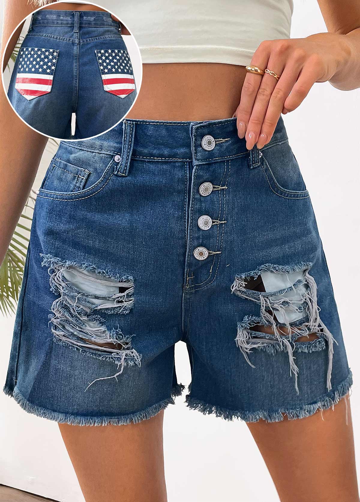 American Flag Denim Blue Straight Leg Button Fly Shorts | Rosewe.com ...