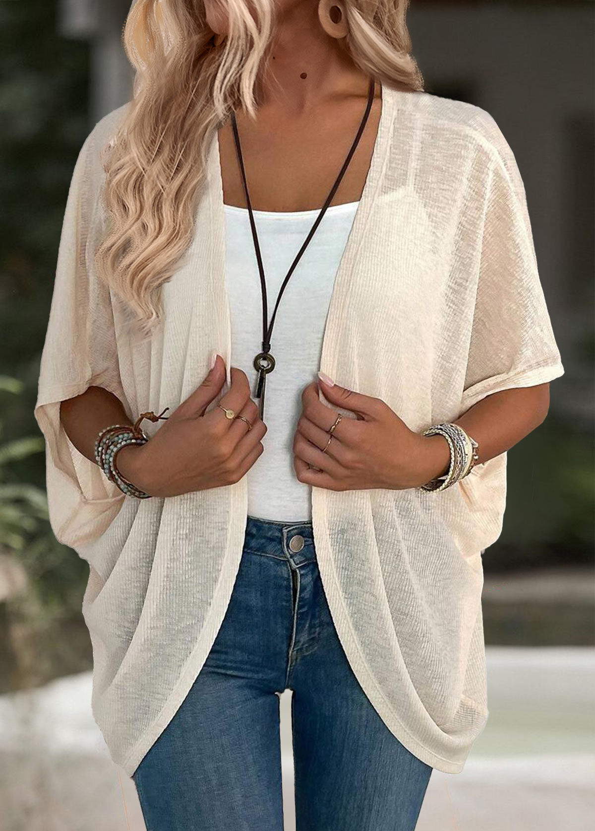 Beige Half Sleeve Tunic Light Cardigan | Rosewe.com - USD $29.98