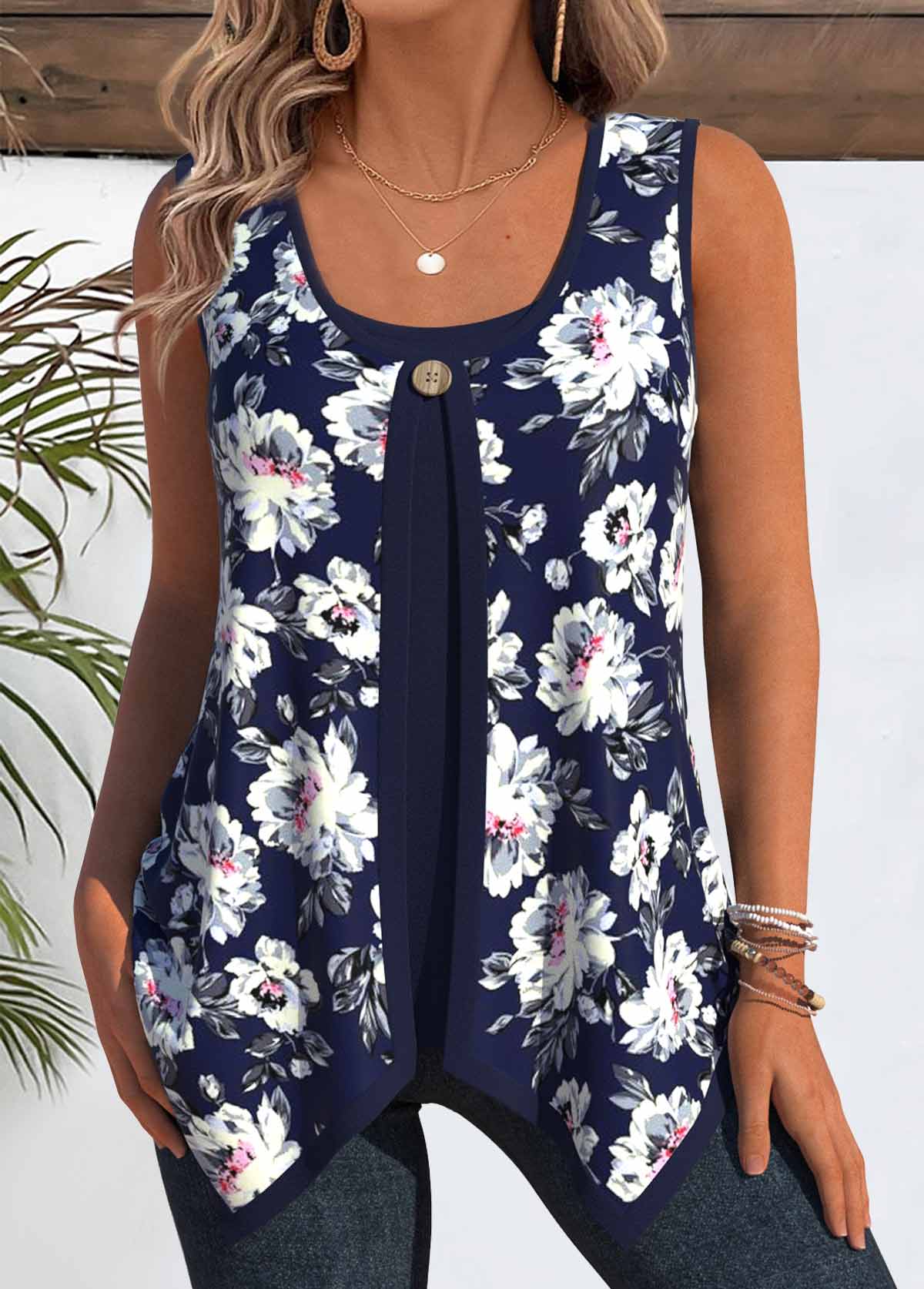 Floral Print Navy Sleeveless Tank Top and Camsiole | Rosewe.com - USD ...