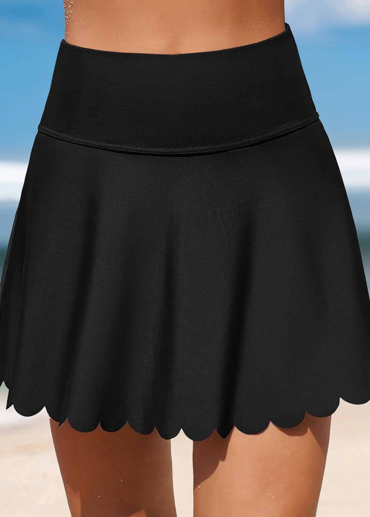 High Waisted Black Scalloped Hem Swim Skirt | Rosewe.com - USD $25.98