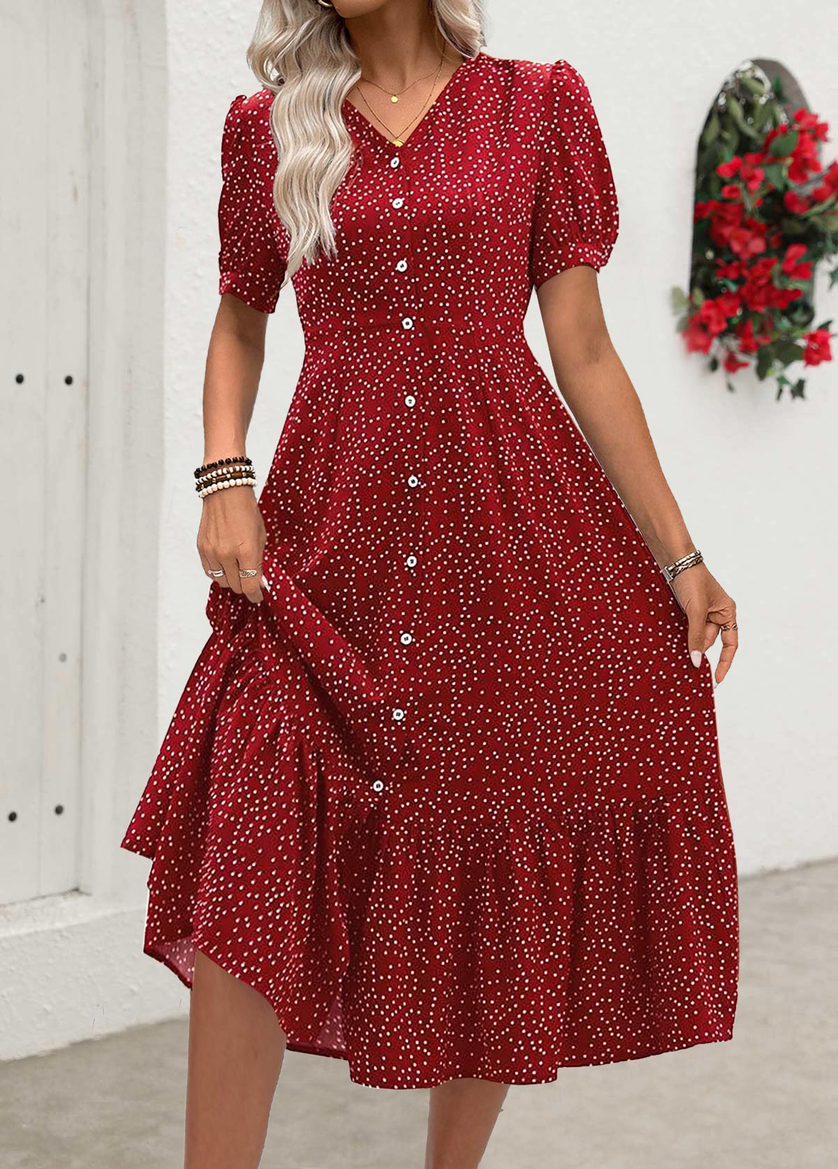 Polka Dot Red Short Sleeve V Neck Dress | Rosewe.com - USD $42.98