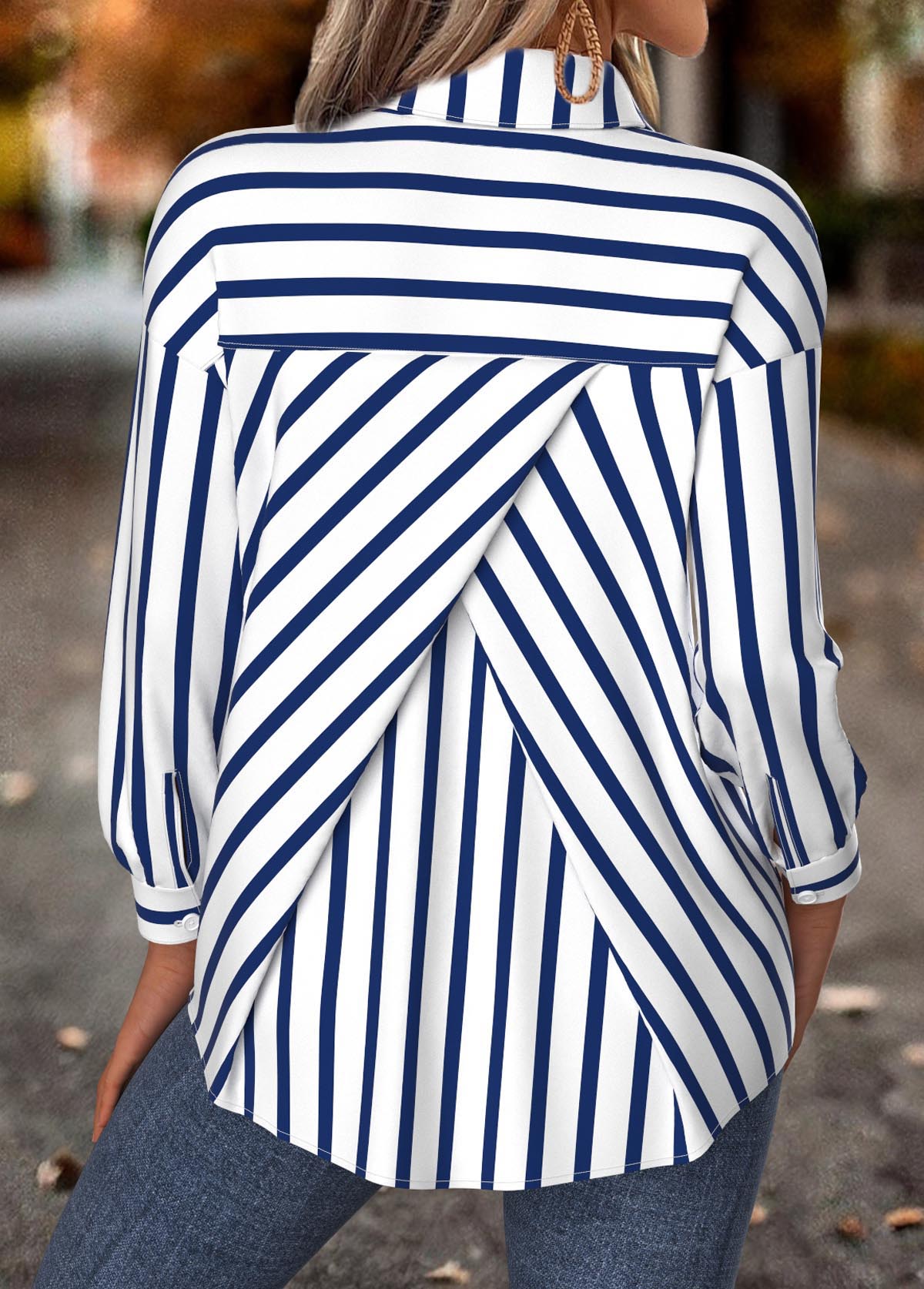 Striped Tummy Coverage Navy Long Sleeve Shirt | Rosewe.com - USD $37.98