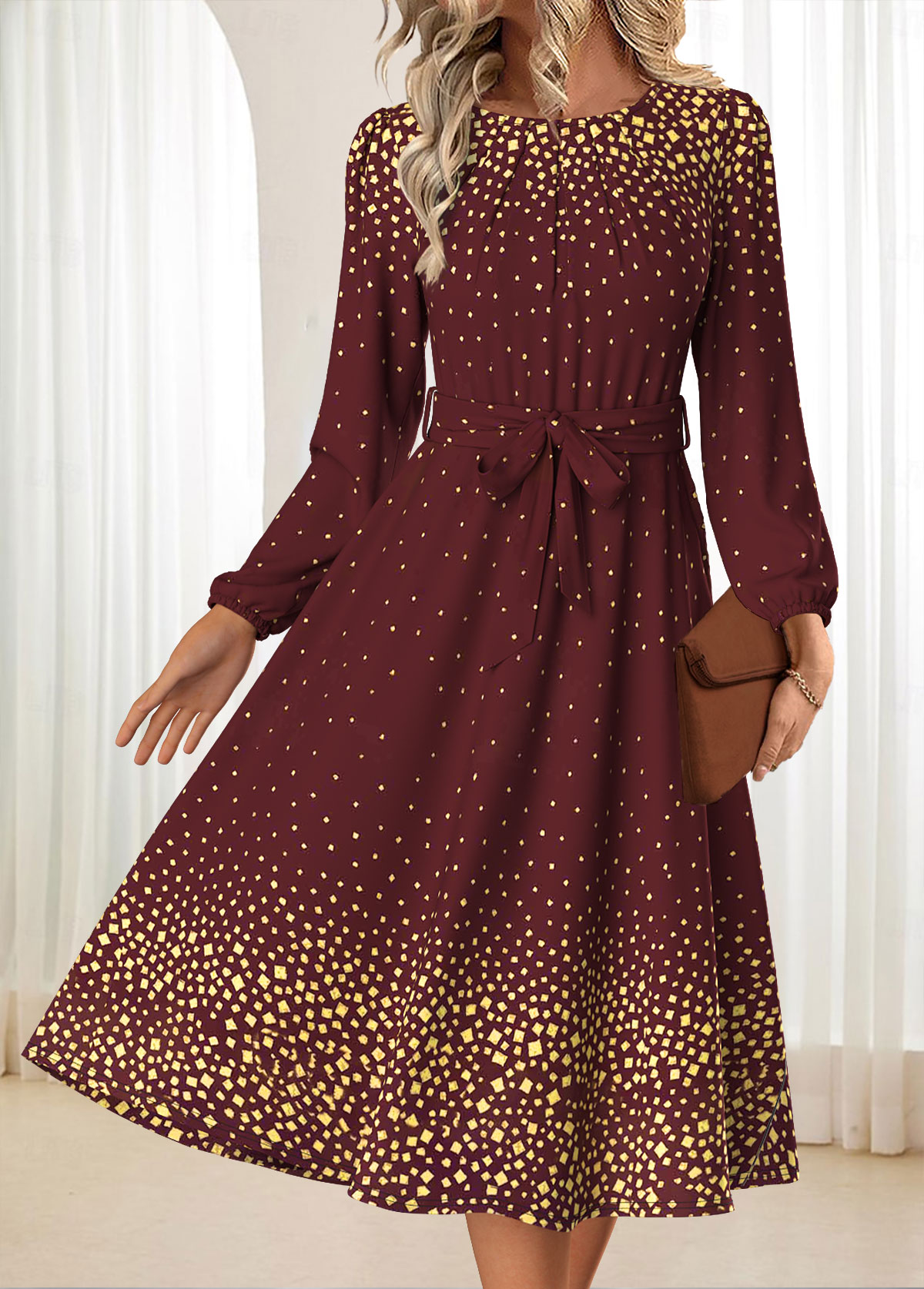 Ombre Tummy Coverage Belted Deep Red Long Sleeve Dress | Rosewe.com ...